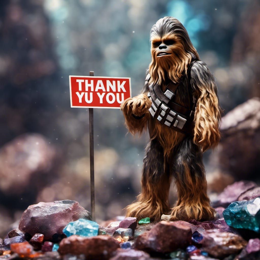 Wookiee holding sign that says "THANK YOU" , standing on Colorful ...