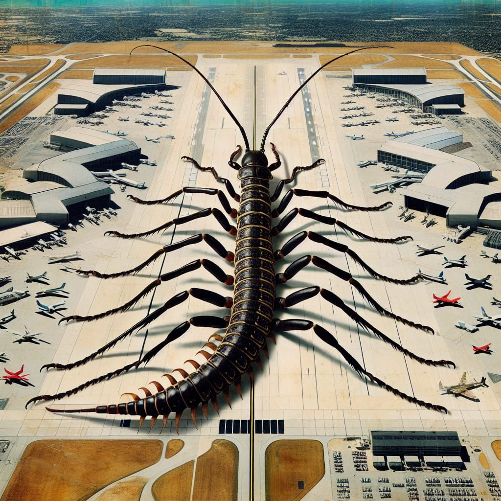a big centipede in the middle of the airfield, paper collage with lace ...