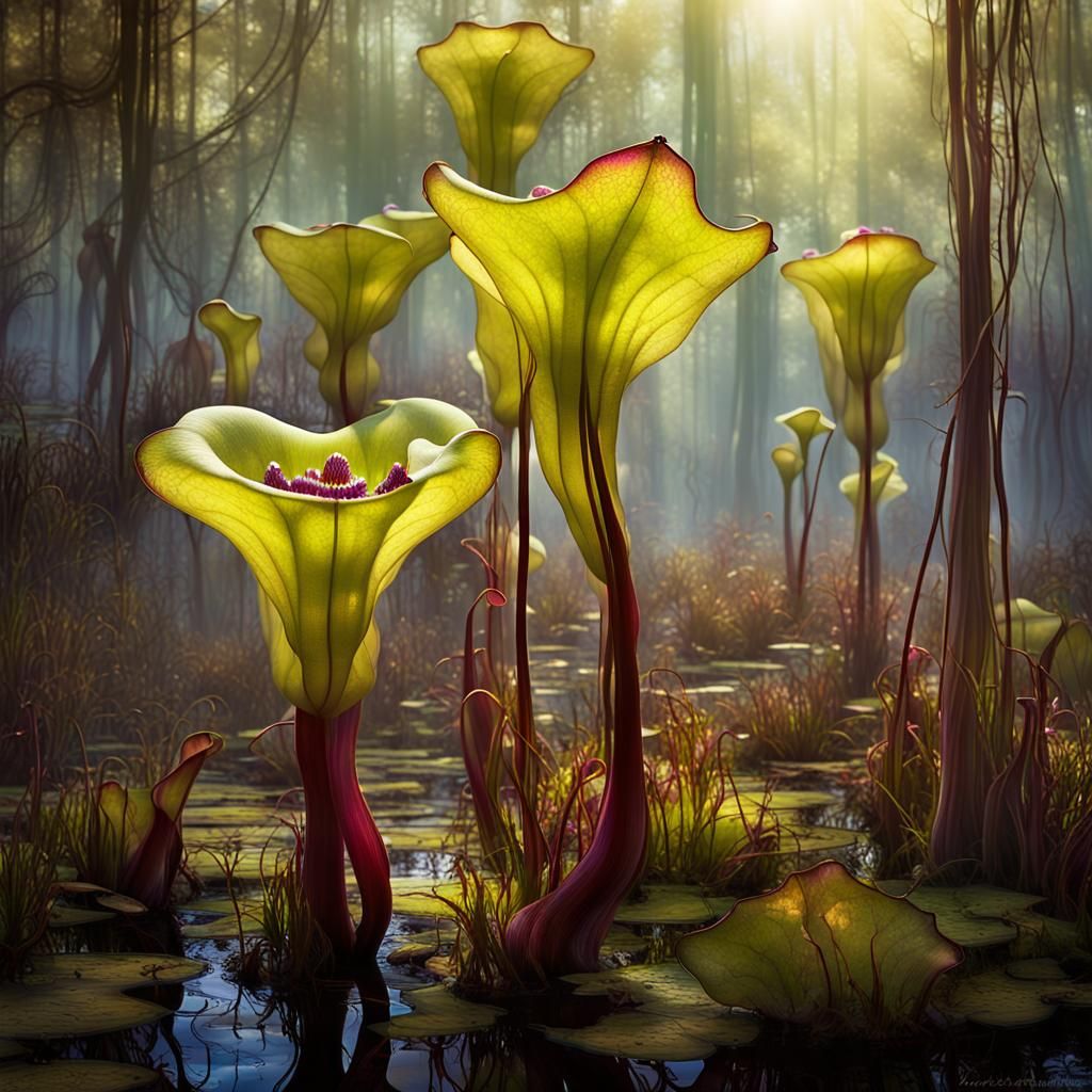Autumn. Pitcher plants in a bog. - AI Generated Artwork - NightCafe Creator