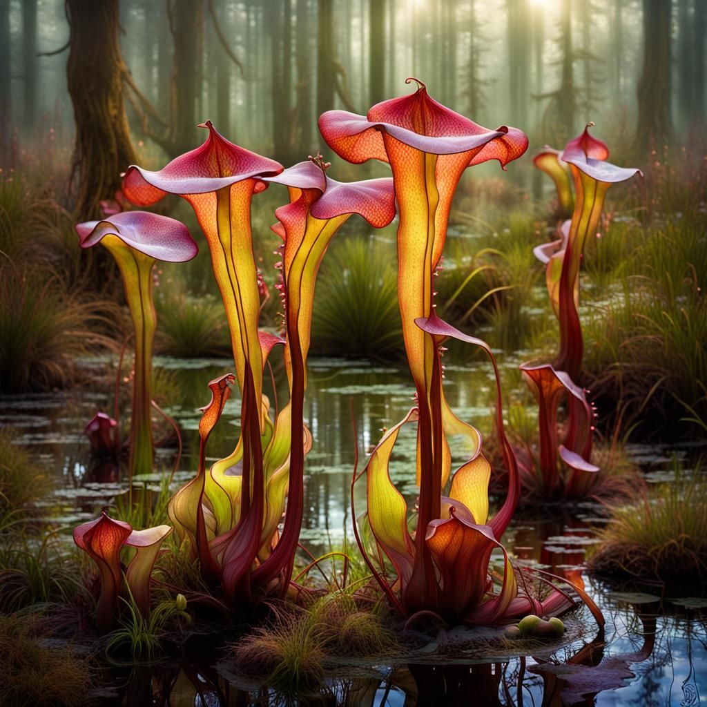 Autumn Pitcher plants in a bog. - AI Generated Artwork - NightCafe Creator