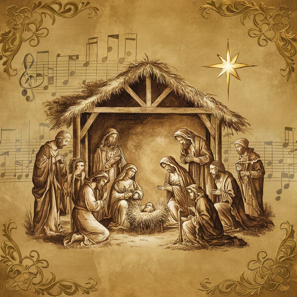 Nostalgic Victorian Nativity Scene with Sepia Tone... - AI Art