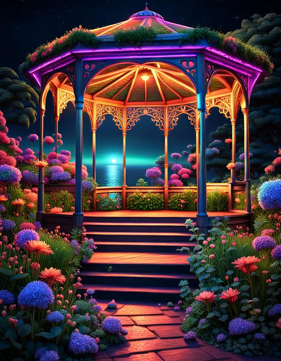The night garden The picturesque night garden flowers gazebo in full ...