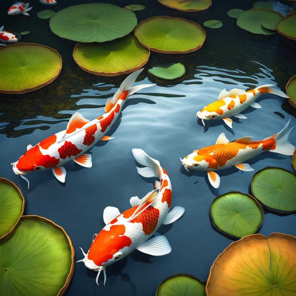 5 large colorful koi fish coming for food in a huge unique koi pond ...