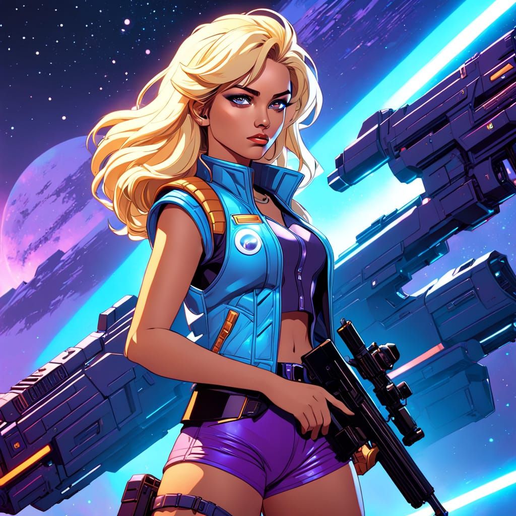 Space Warrior Woman in Neon-Blue and Purple - AI Art