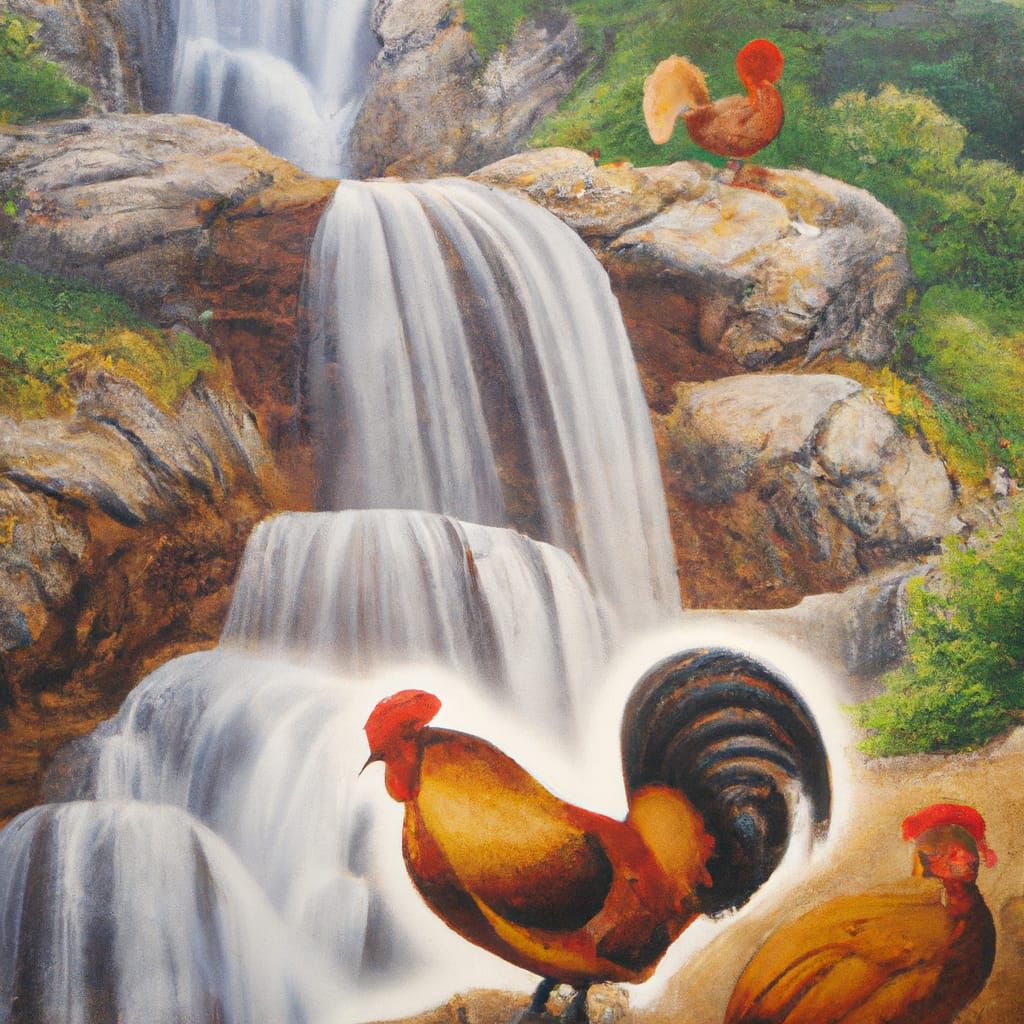 Chickens by a waterfall. Detailed, romantic painting. Fresco. Mural ...