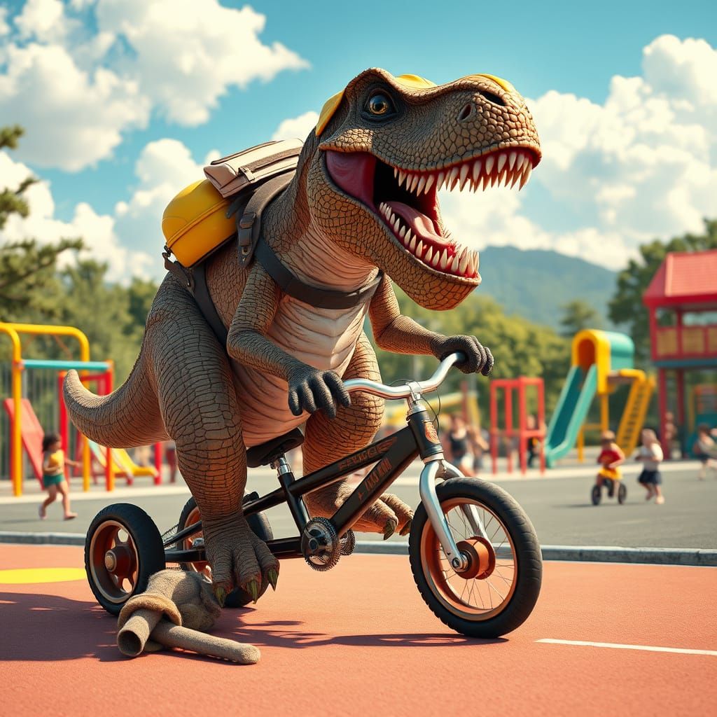 T-Rex is riding a tricycle during recess at an elementary school playground