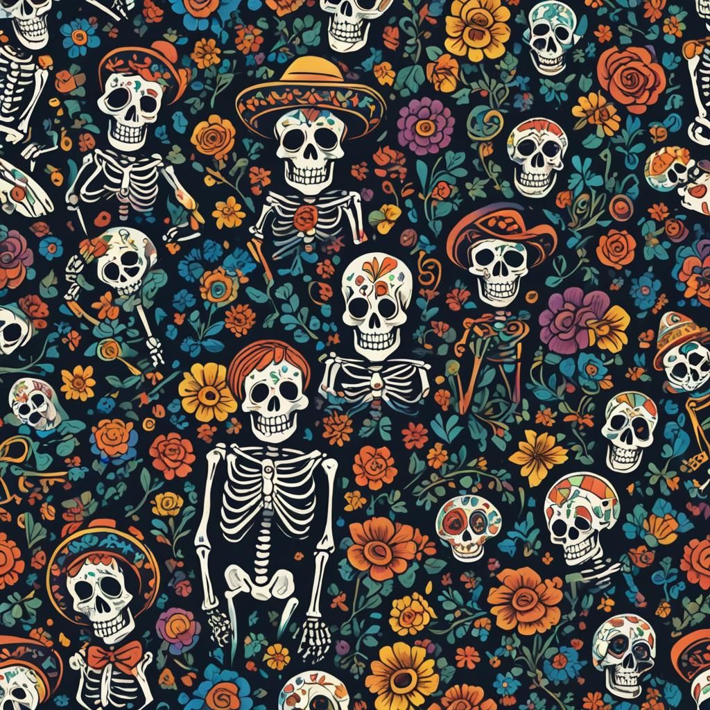 folk skeleton dark rainbow dia de los muertos traditional mexican tile ...