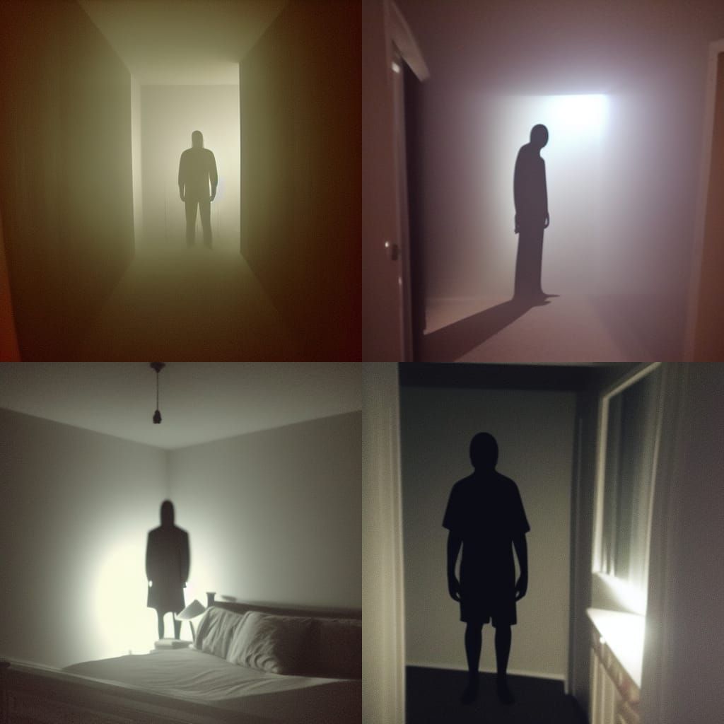 Dark figure standing next to my bed; photo taken at night on a dark ...