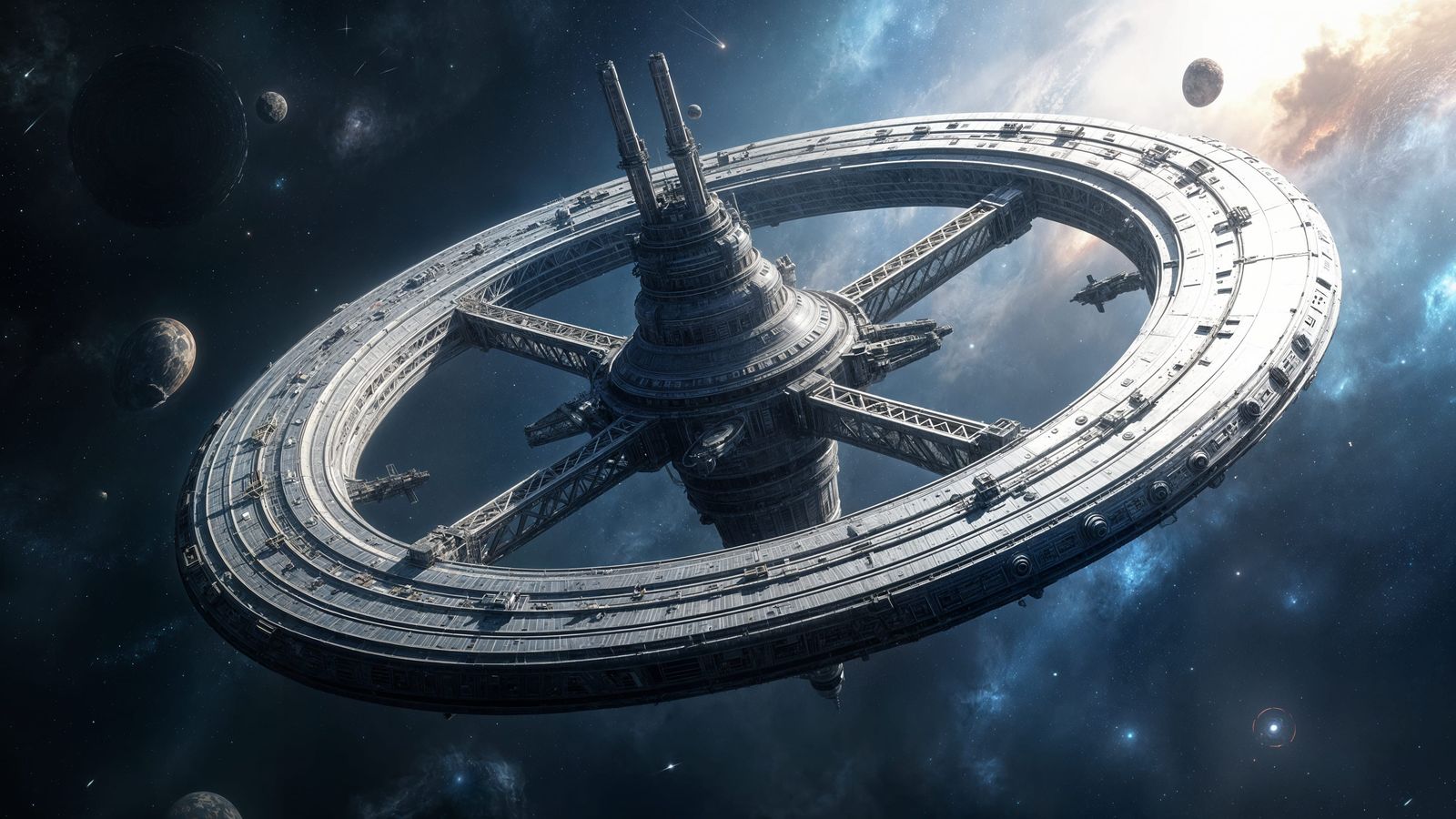 A majestic, 10 kilometer diameter toroidal space station, its metallic ...