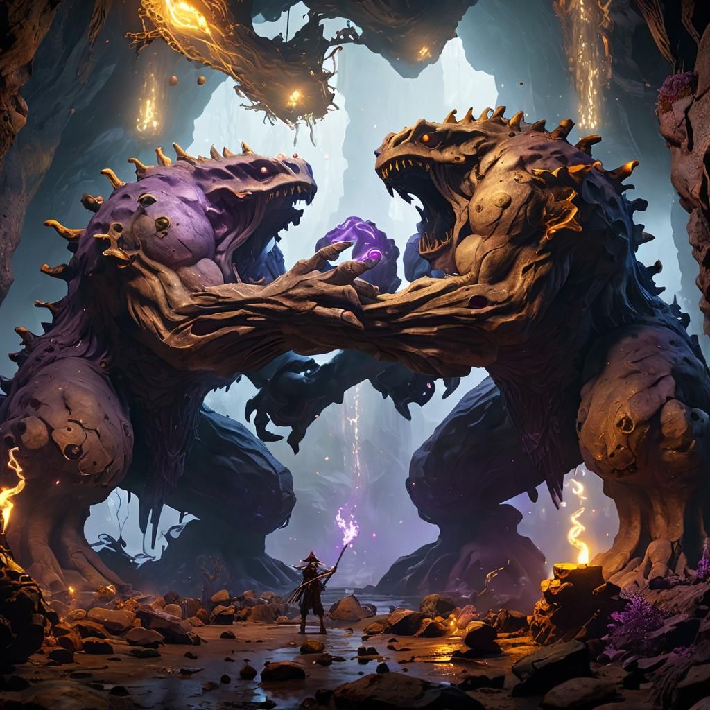 Stone Elementals Fighting - Dark Fantasy Stone Elementals Cl...