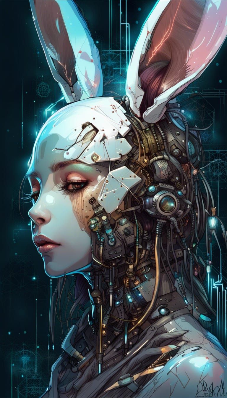 Cyber rabbit girl robot mechanoid fixing her face in the moonlight ...