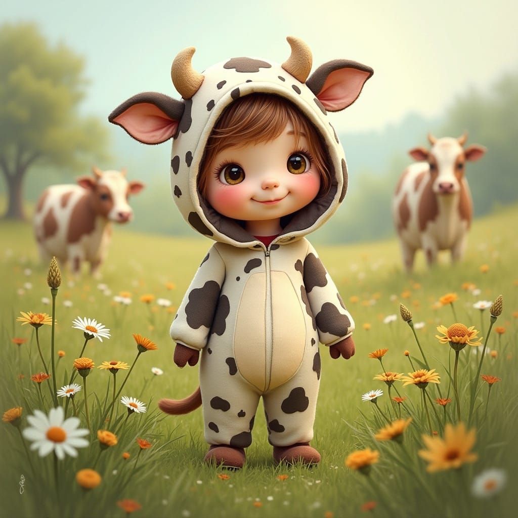 Cow Girl - Whimsical Highland Cow Girl in a Flower-Filled M...