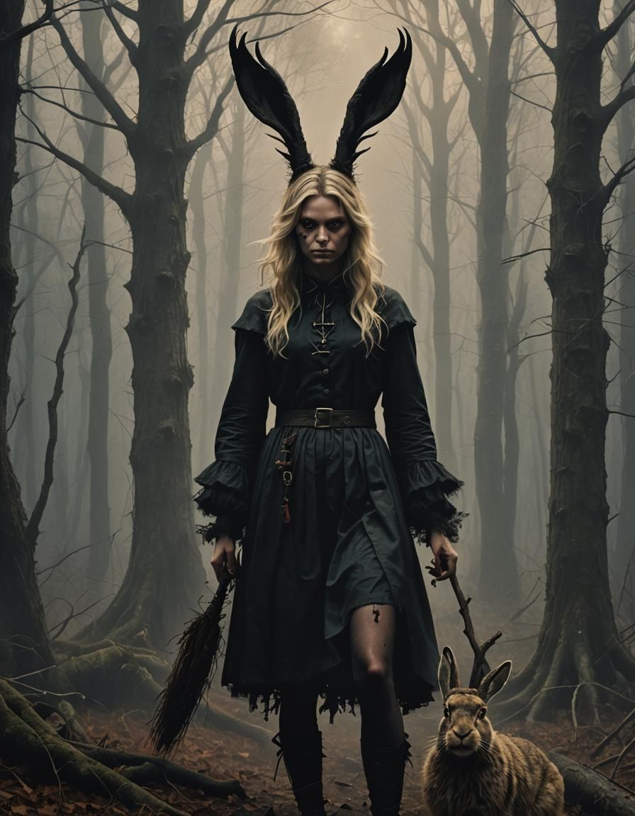 dark folk-horror blond puritan teen girl witch with creepy demonic ...