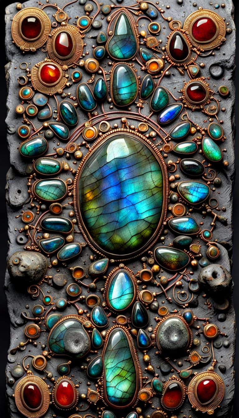 Labradorite Slab with Alien Glyphs - AI Art