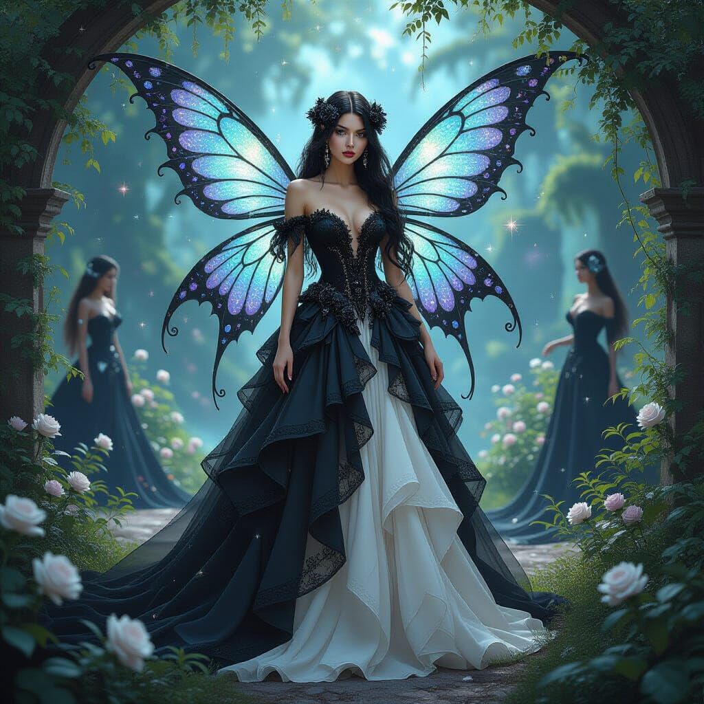 Picture a gothic fairy with iridescent wings and long, flowing hair ...