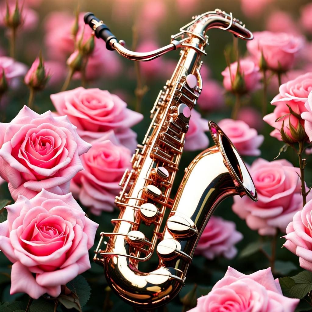 Beautiful sparkling crystal tenor saxophone in a field of roses; - AI ...