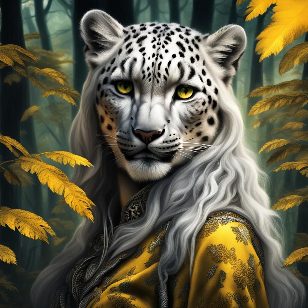 mysterious, women, half human and half snow leopard, yellow eyes, long ...