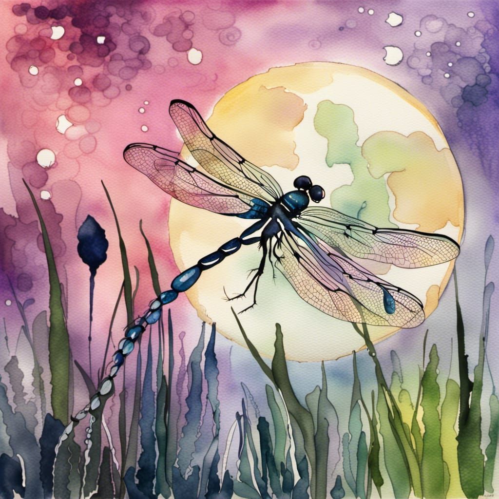 super watercolor Dragonfly moon wet brush wet wash watercolor - AI Generated Artwork - NightCafe ...