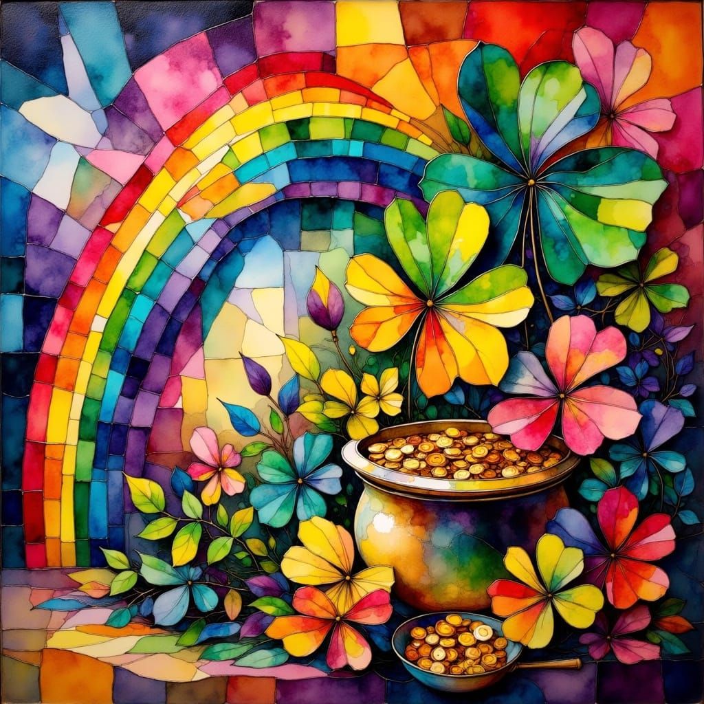 Vibrant Cubist Rainbow with Shamrock and Pot of Go... - AI Art