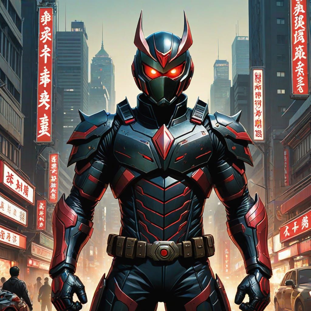 Tokusatsu Hero Emerges from Dark Cityscape - AI Art