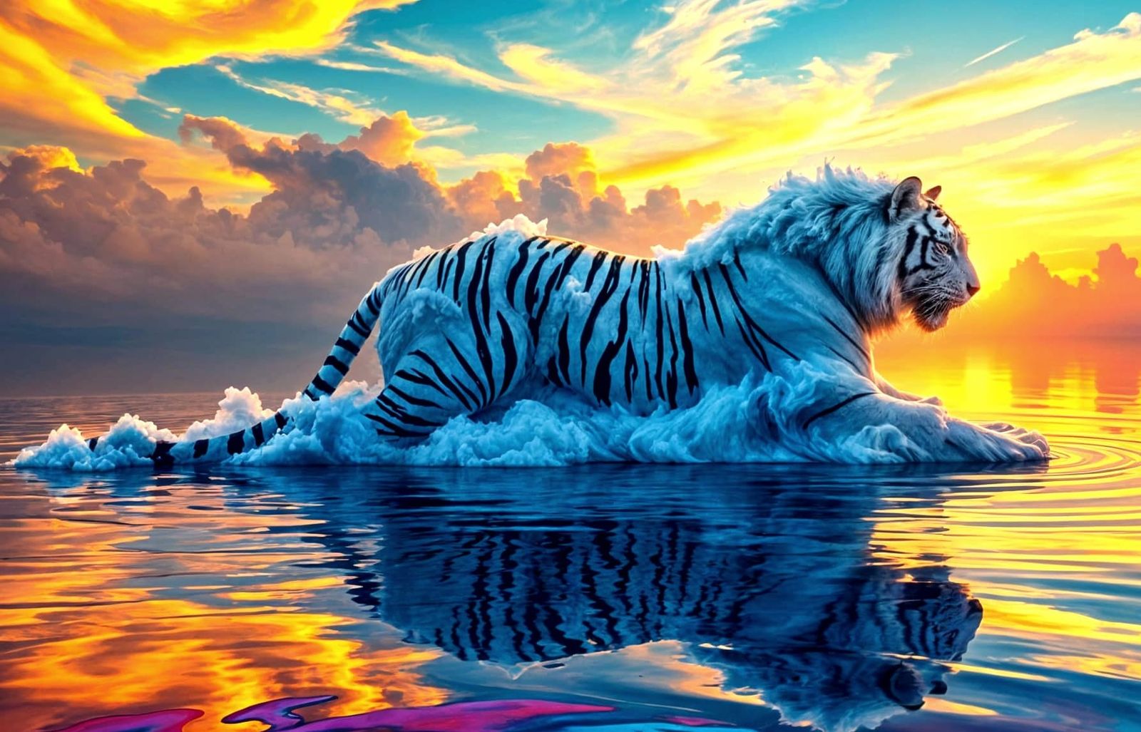 Fluid tiger - Vibrant Tiger Emerges from Colorful Lake in Go...
