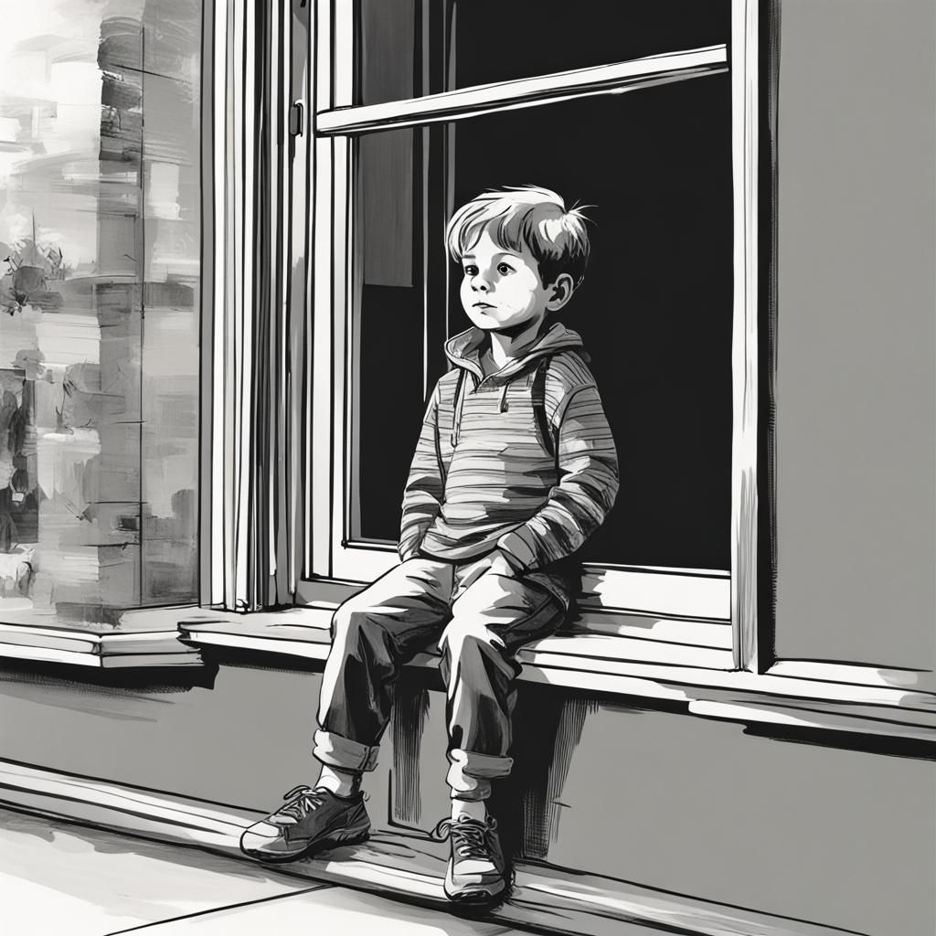 A small boy waiting by a Window patiently waiting for a car to ride by ...