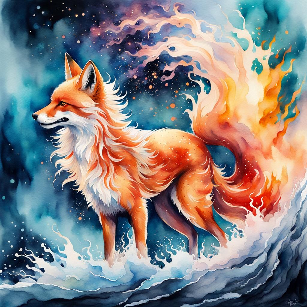 Epic watercolor illustration of abstract detailed Galaxy kitsune in ...