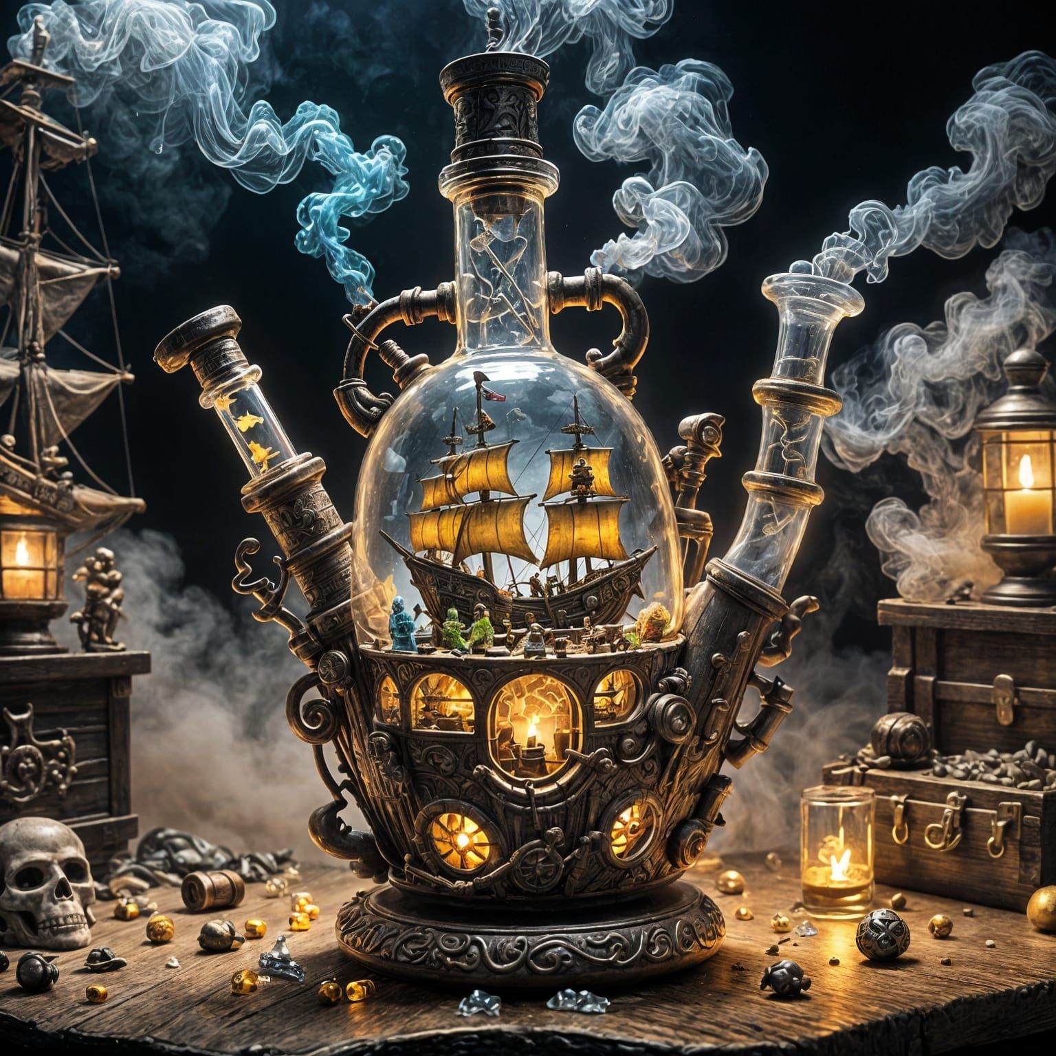 Treasured Pirate Ship Bong Illuminated in Eerie Fo... - AI Art
