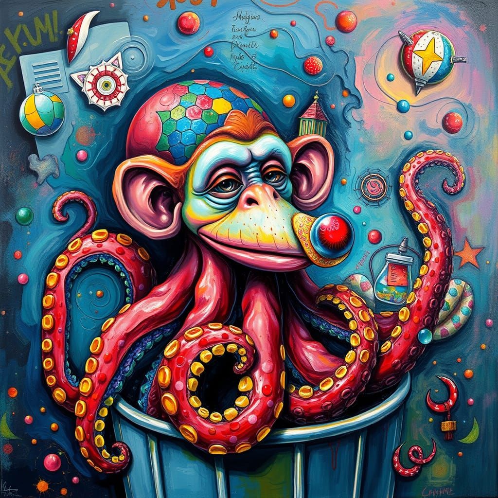 Whimsical Octopus-Monkey Clown Emerging from Trash... - AI Art