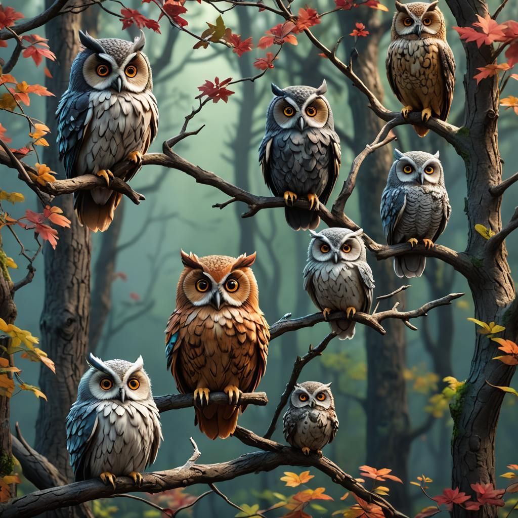 3 cute colorful fluffy owls sitting on a branch.