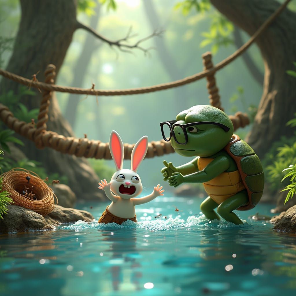 Exuberant Cartoon Rabbit Falls into a Sparkling St... - AI Art
