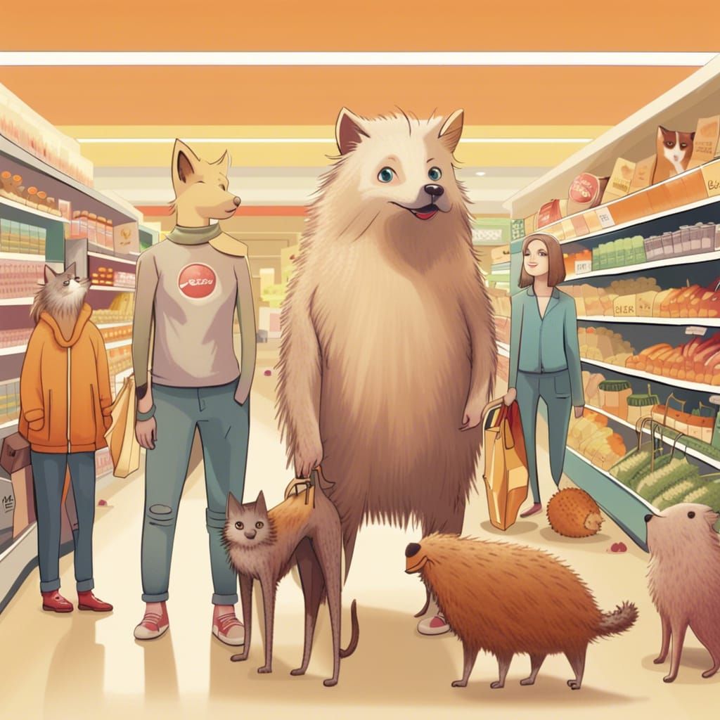 human sized Anthropomorphic cats, dogs and hedgehogs shopping in a ...