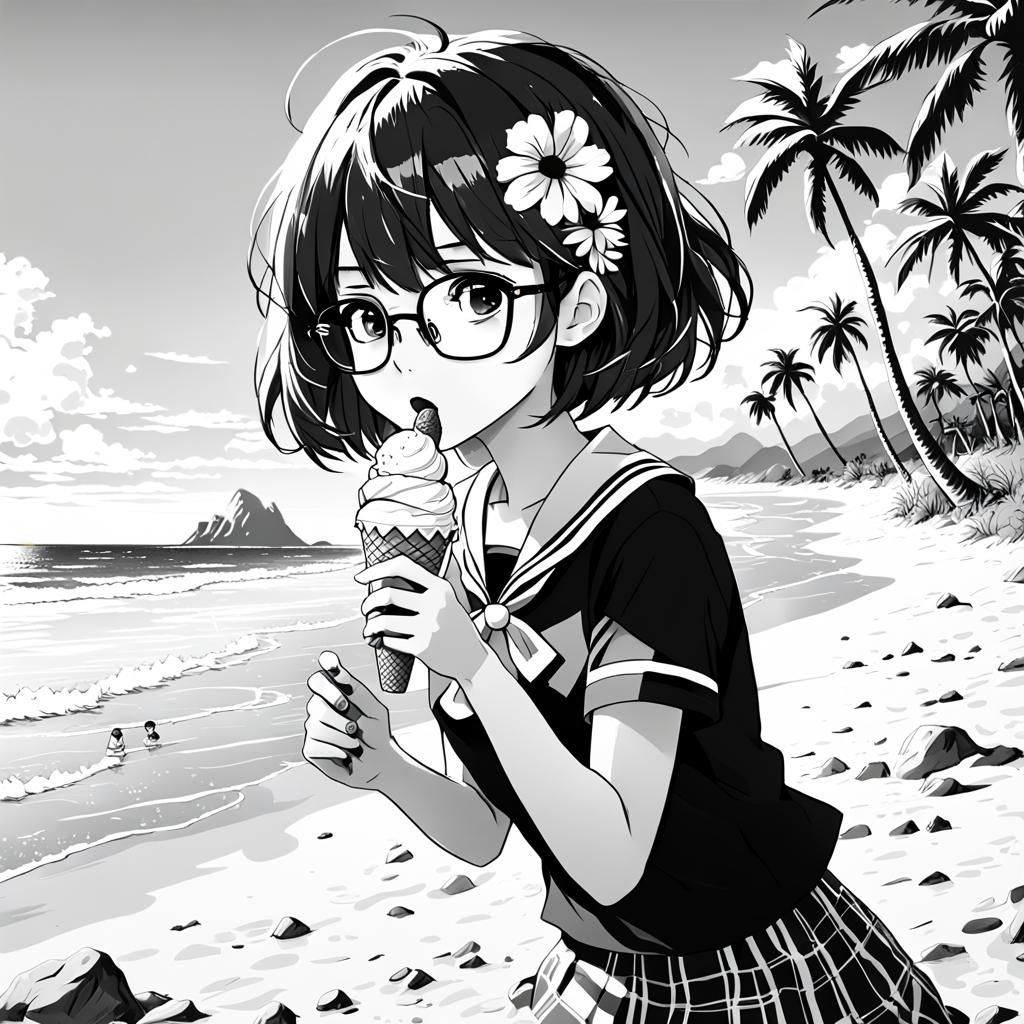 waifu eating ice cream on the beach, bob haircut, glasses, flower in ...