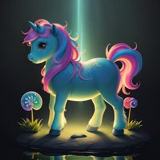 adorable cute chibi baby furry pony with a bioluminescent Waterfall in ...