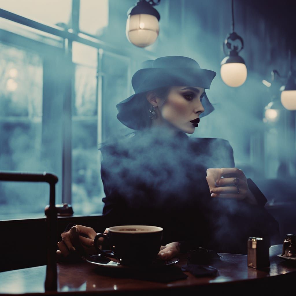 Goth Fashion Model in Dimly Lit Coffee Shop - AI Art