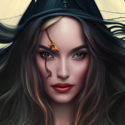 a GORGEOUS witch with long hair in a string swimsuit, flying on a broom ...