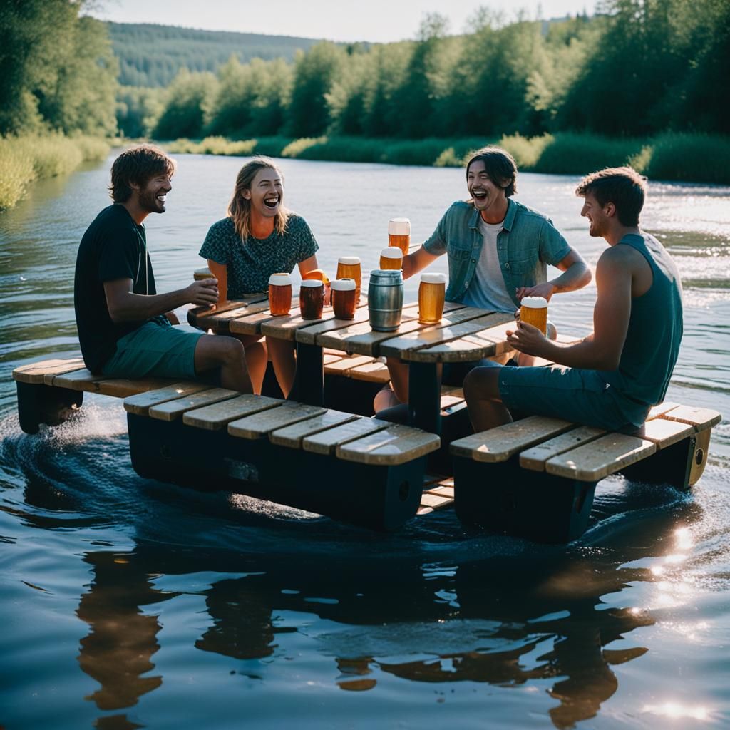 Four 20 year old's on a raft that has been created using an octagonal ...
