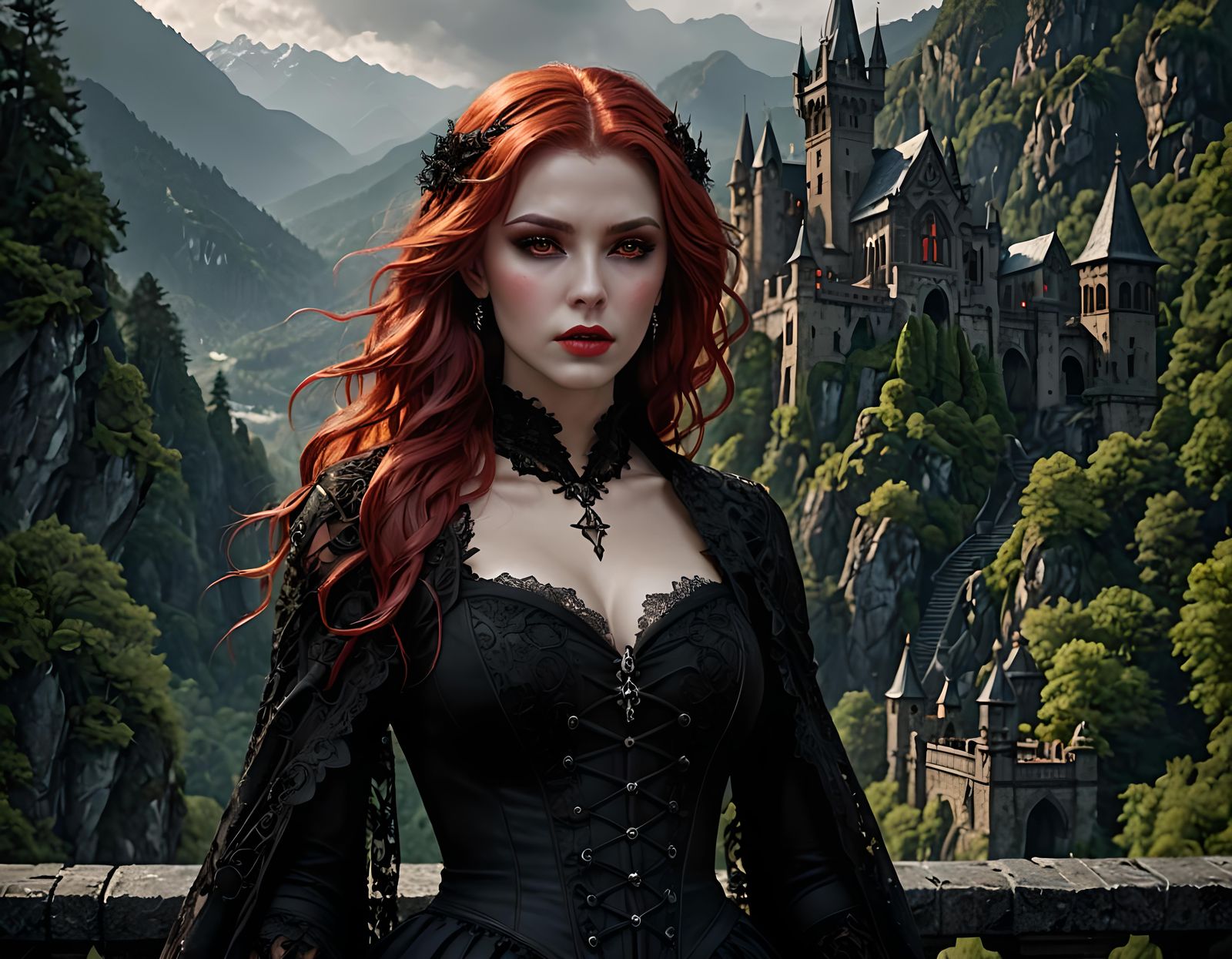 beautiful gothic vampire in lace only , red hazel hair, modern ...