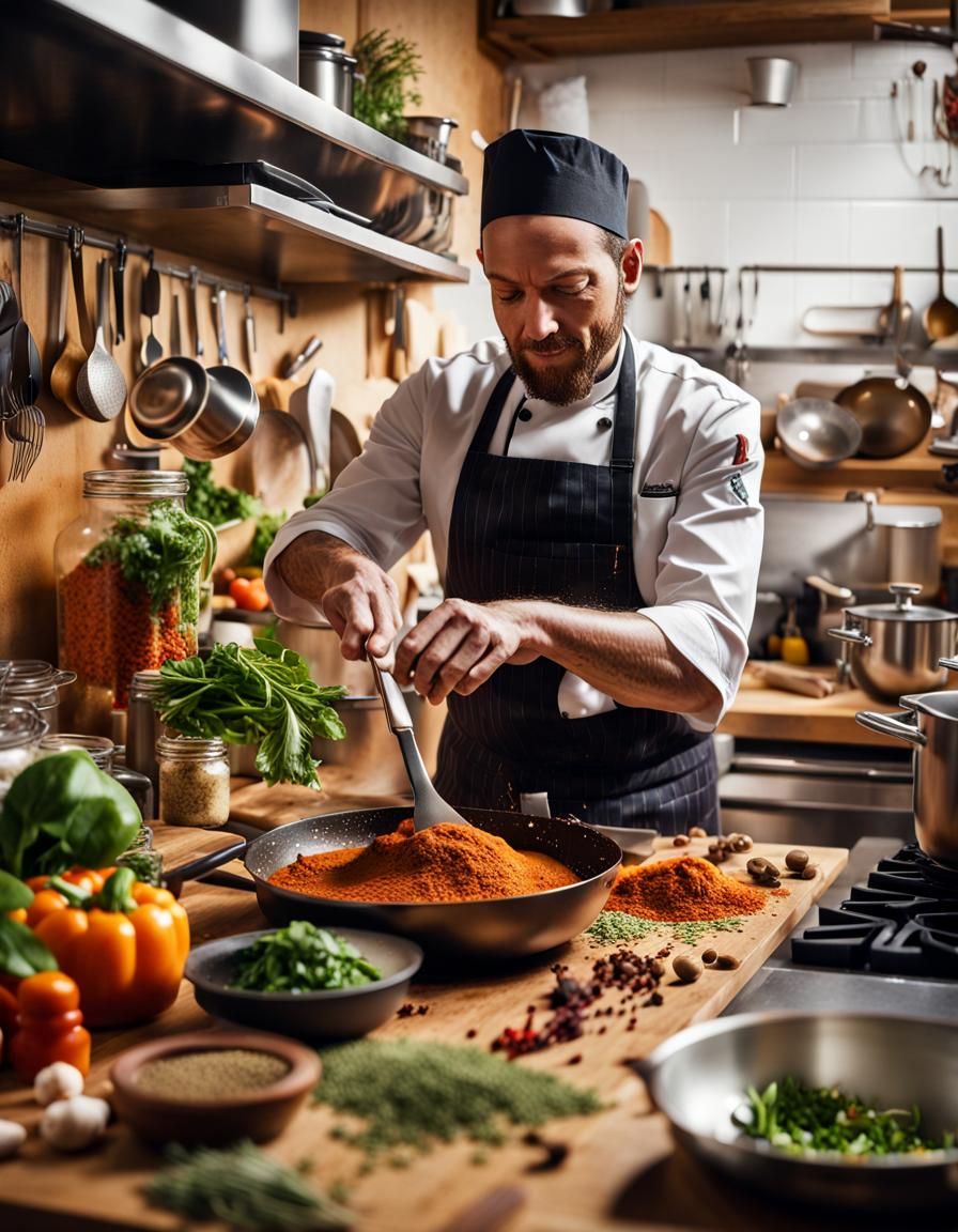 A photograph of a chef in a vibrant kitchen, expertly blending flavors ...
