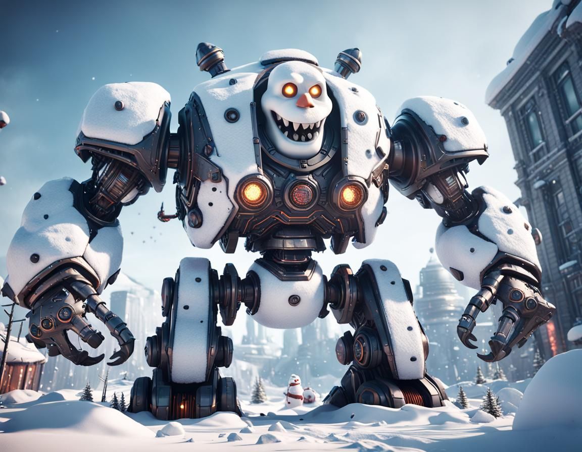 Monstrous snowman, intricate mech details, ground level shot, 8K ...
