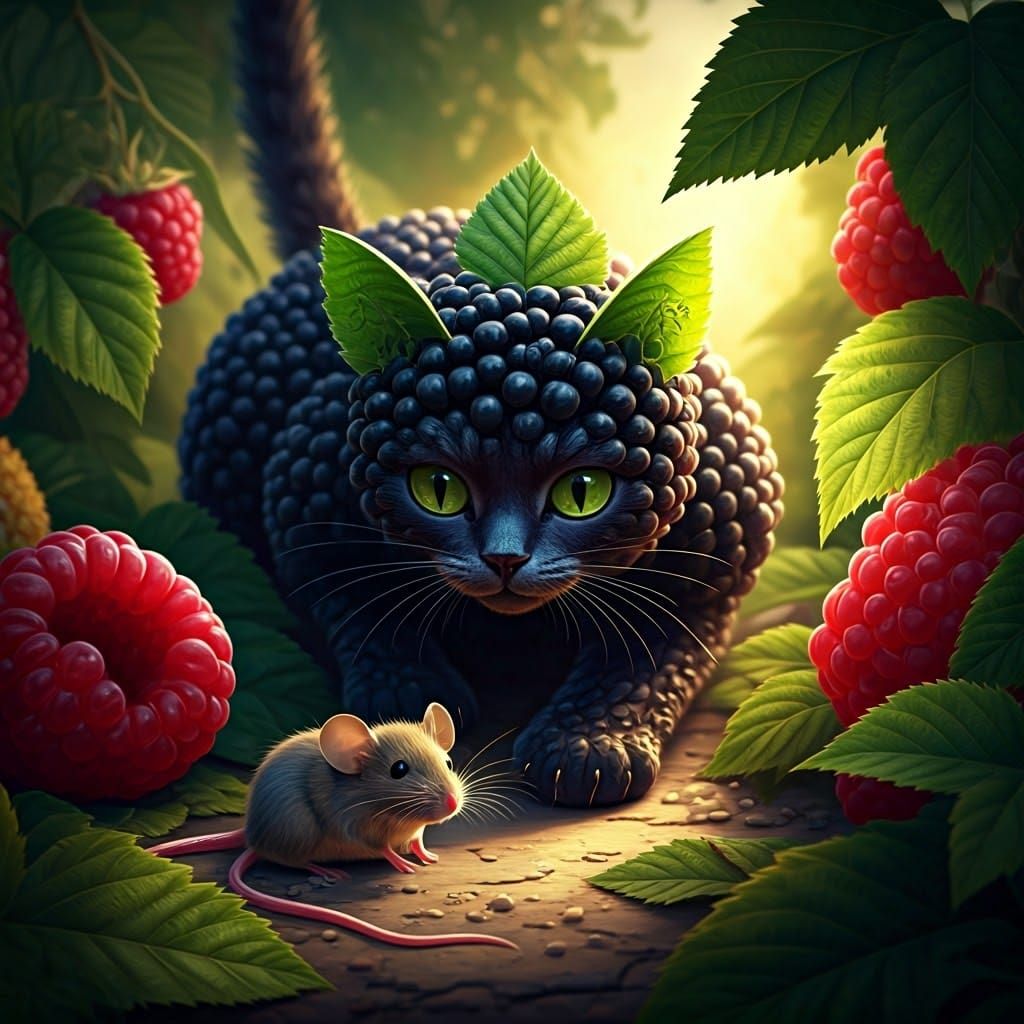 Whimsical Blackberry Cat Hunts Raspberry Mice in V... - AI Art