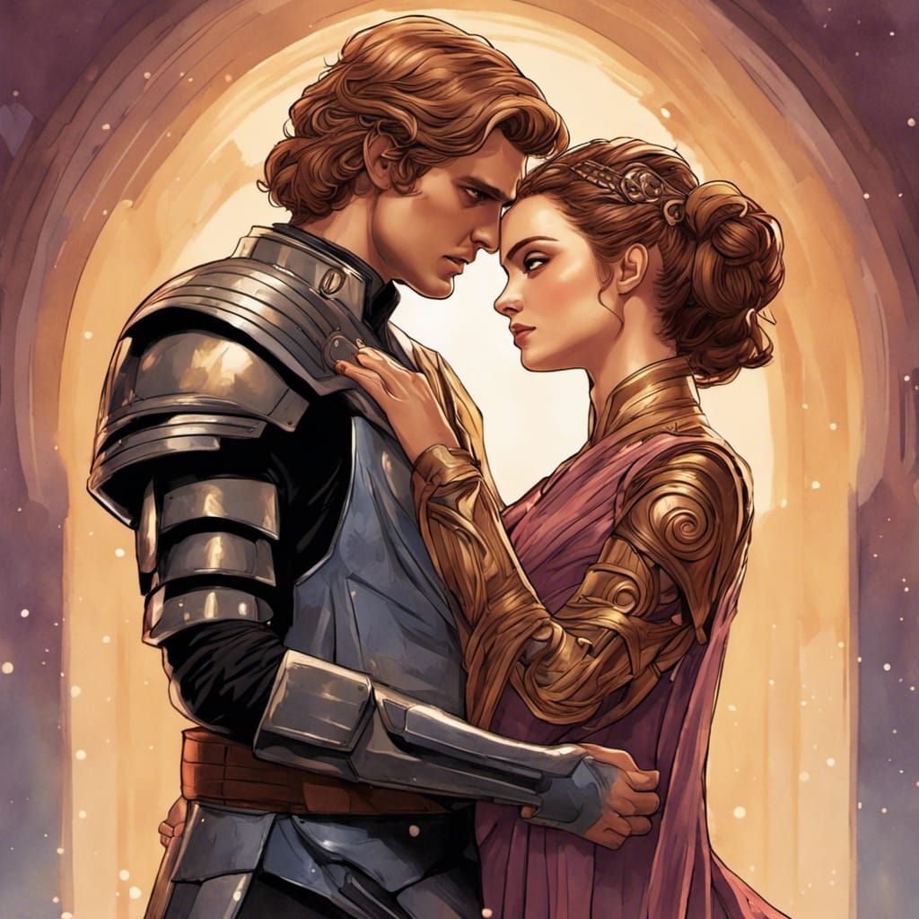 Anakin Skywalker in Jedi knight armor and His wife Padme in a regal ...