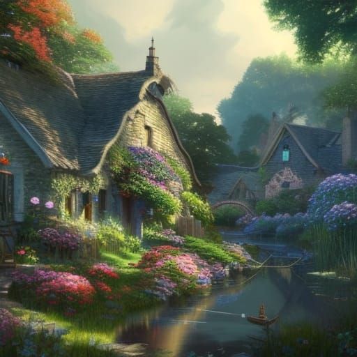 Cottagecore English lake River side Village - AI Generated Artwork ...