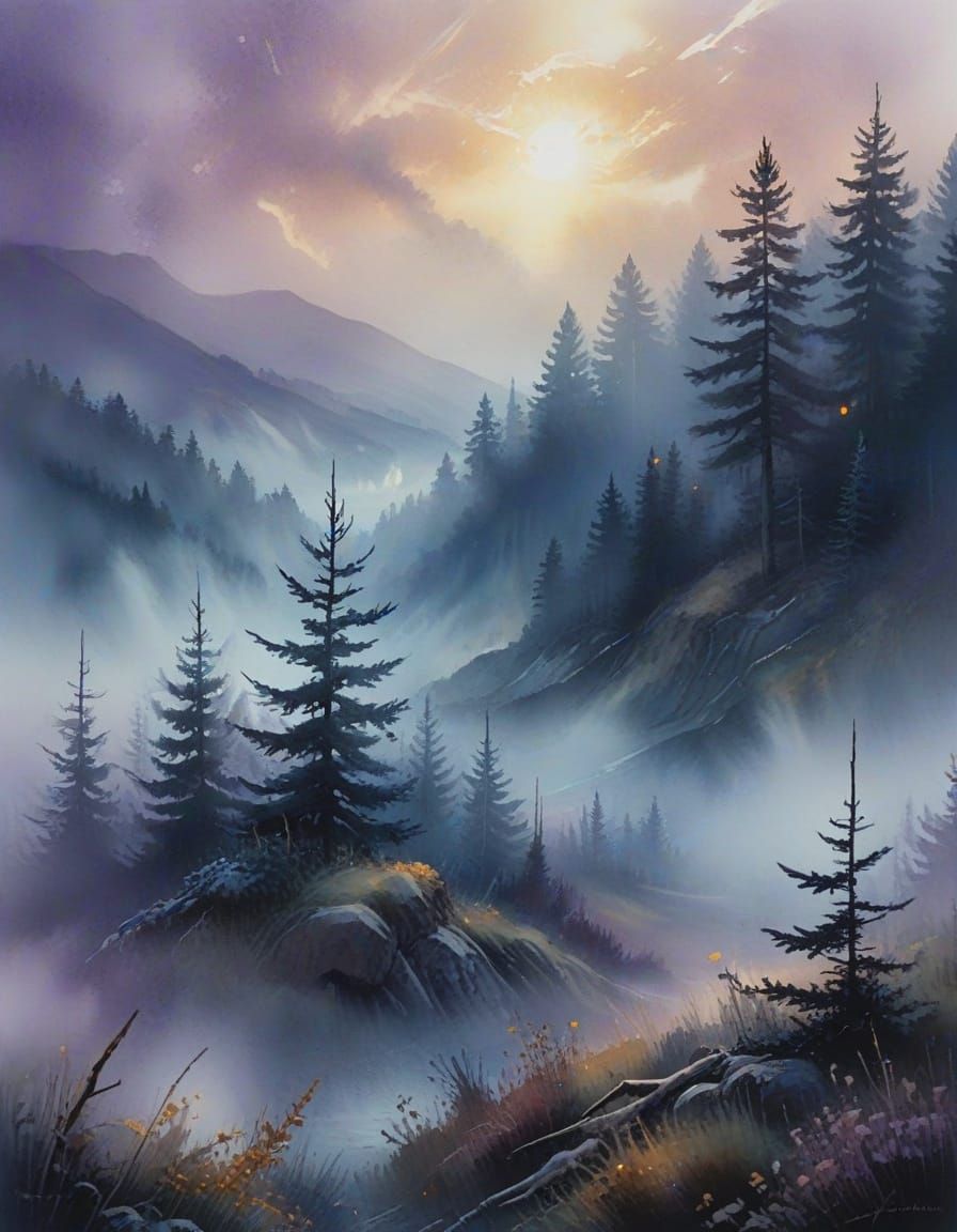 Misty Twilight Forest in Watercolor, Turner-Inspir... - AI Art