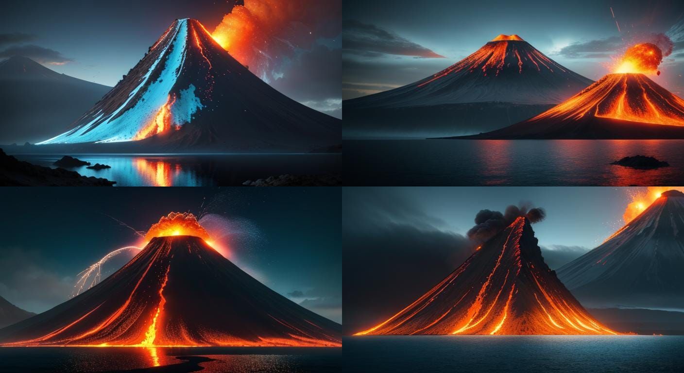 A Volcano. , mountain in the ocean, explosion of liquid splash , highly ...