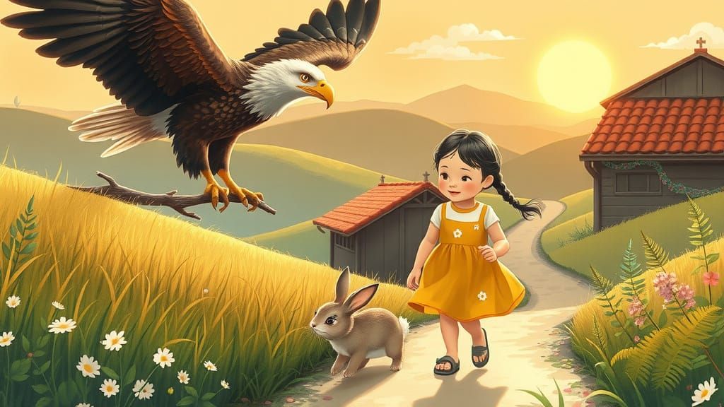 Eagle Watches Over Curious Child in Serene Landsca... - AI Art