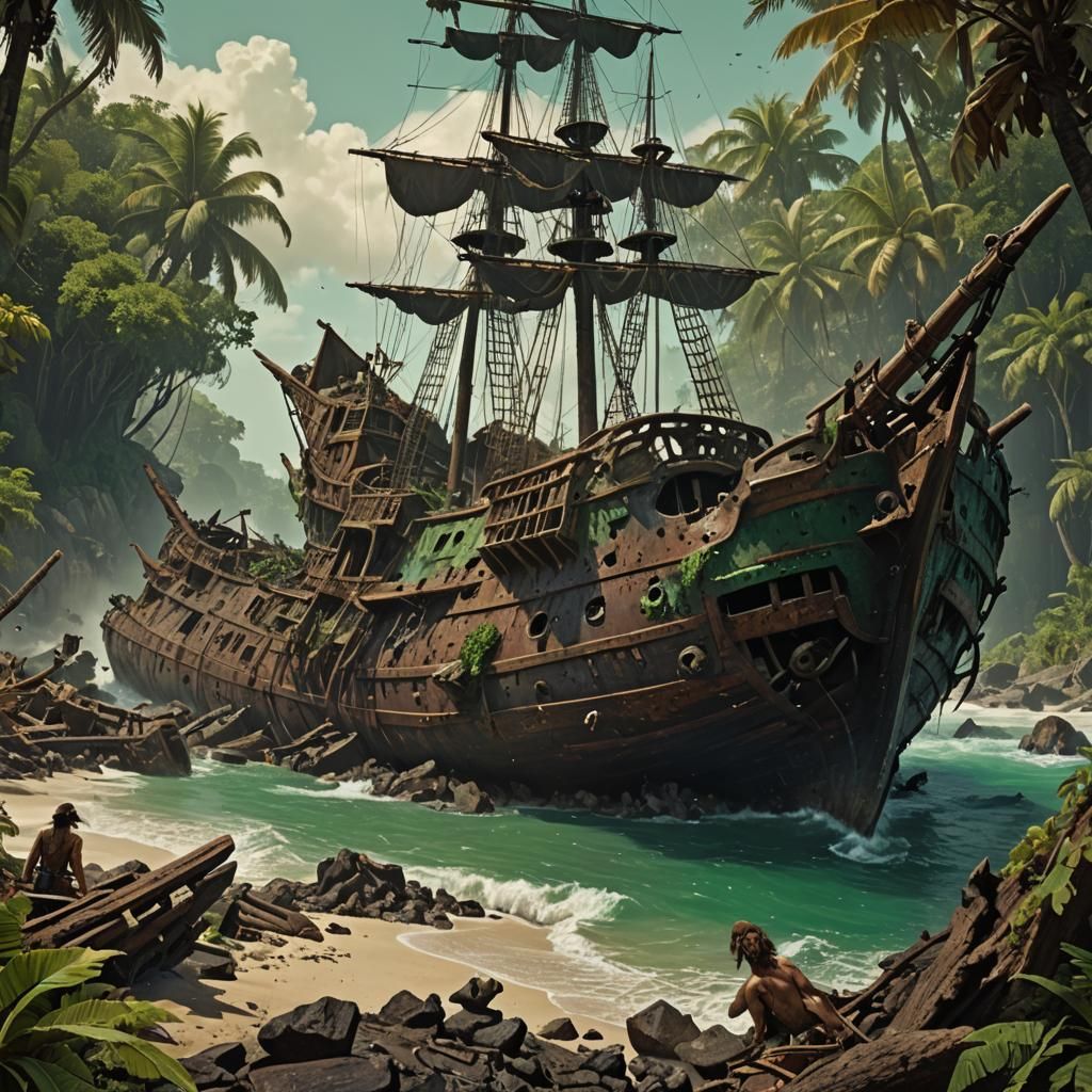 vintage pirate ship wreck, crashed on a tropical island. - AI Generated ...