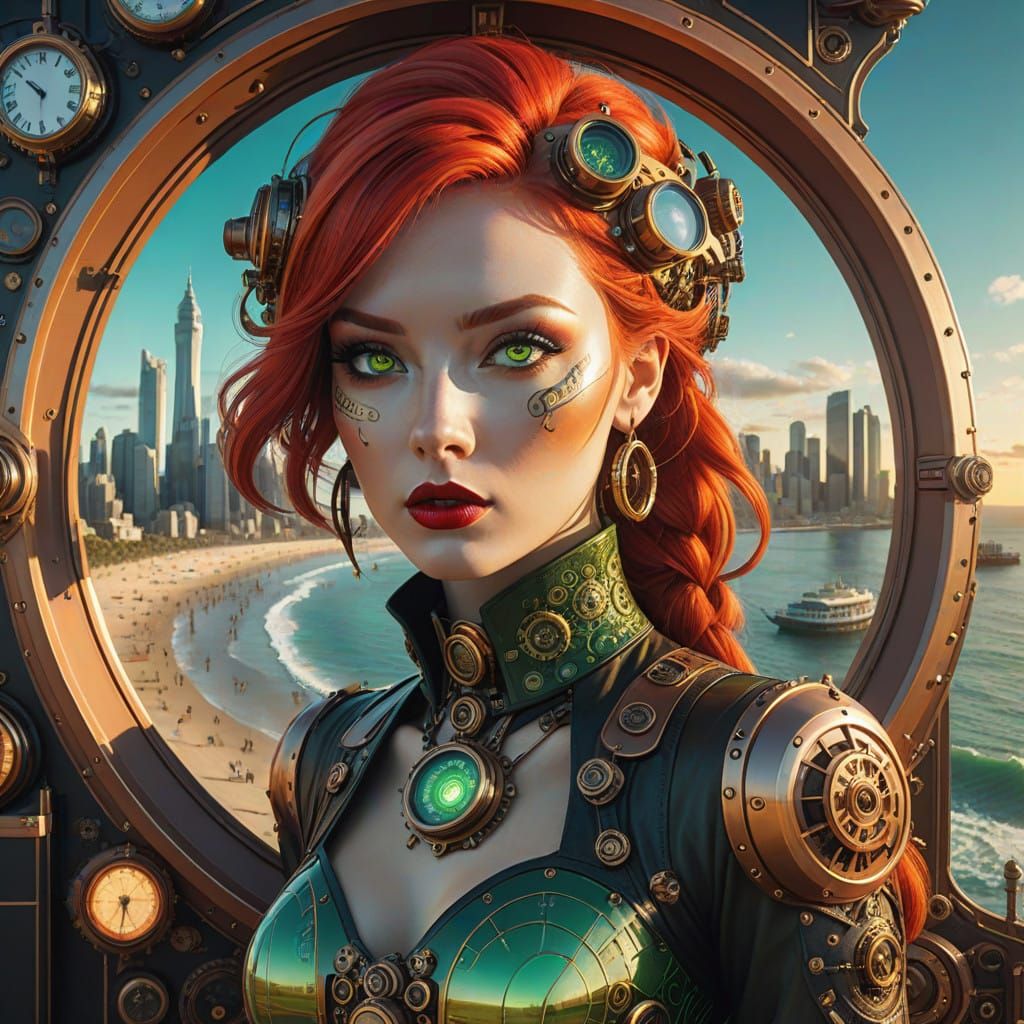 Steampunk Goddess in Vibrant, Multicultural Beachs... - AI Art