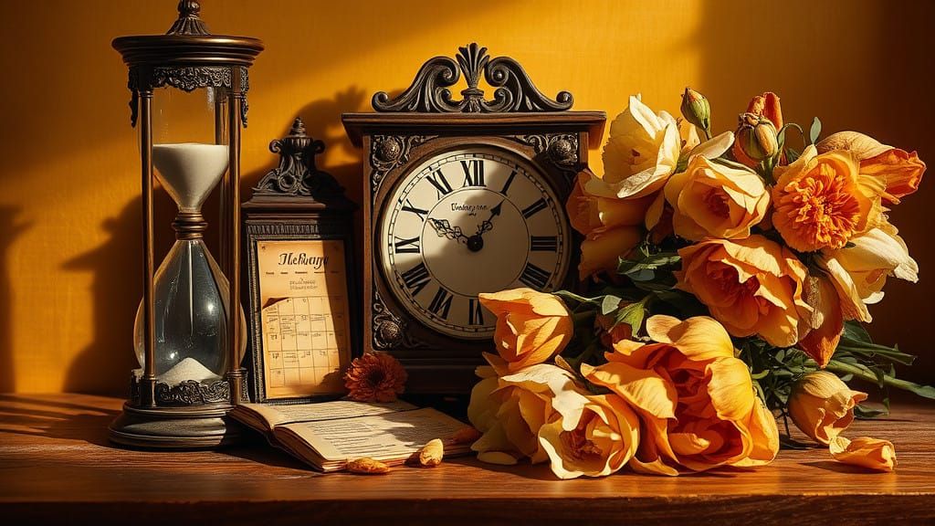 Still life with hourglass, antique clock, calendar and fading flowers ...