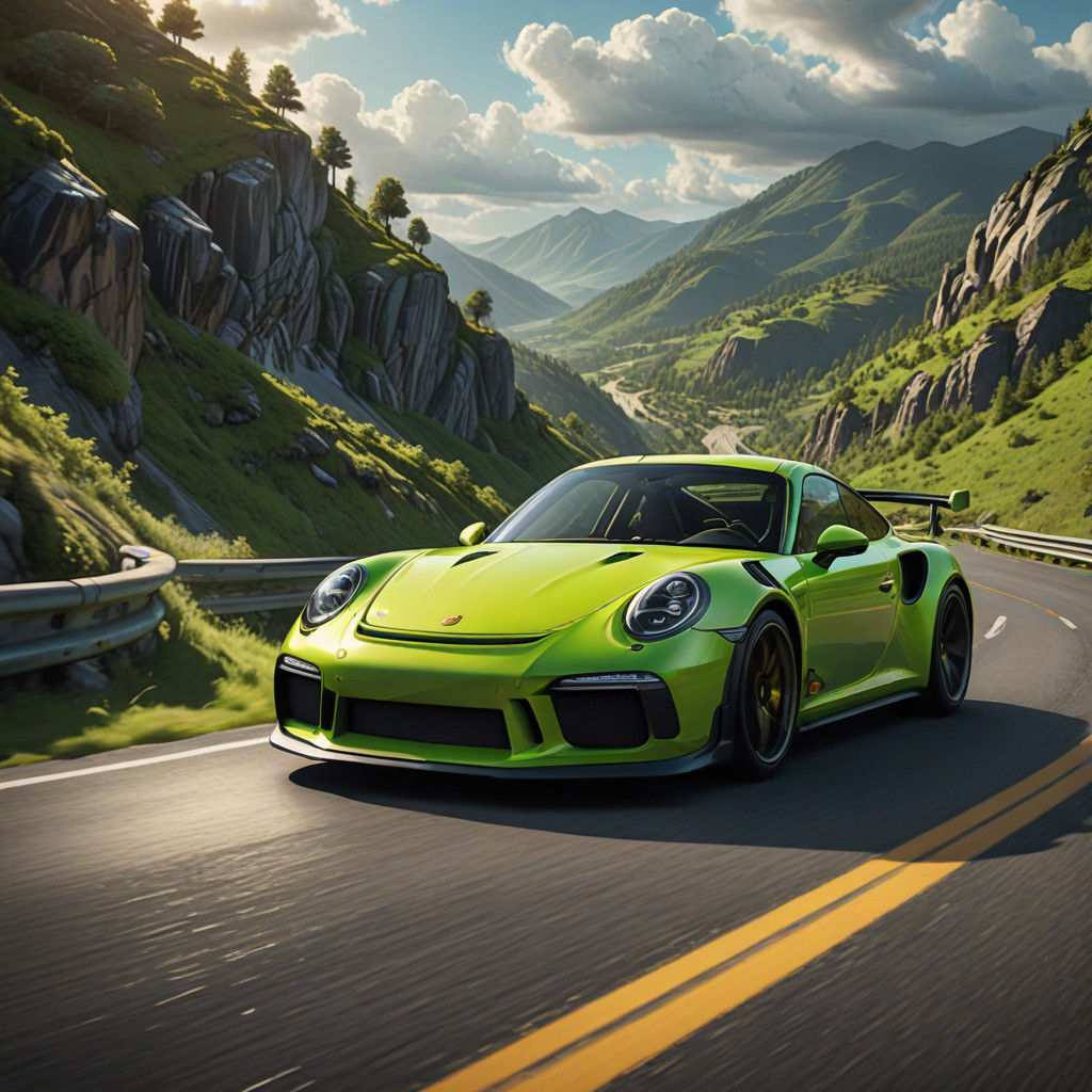 A Monkey Cruises a Lime Green Speedster on a Windi... - AI Art